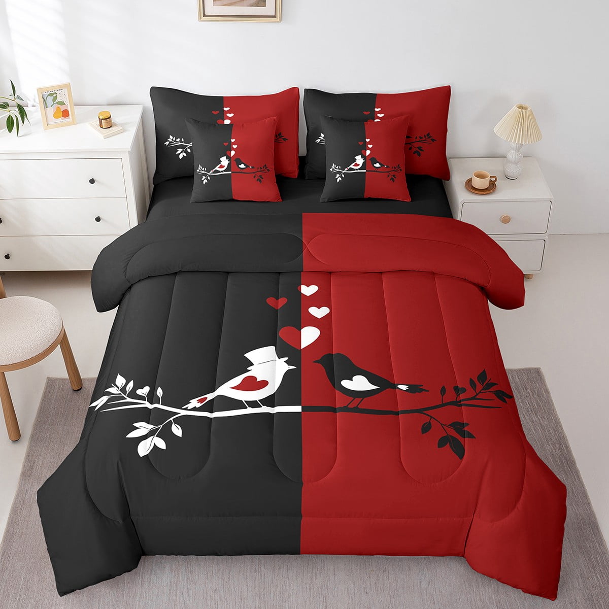 Erosebridal Romantic Birds Bedding Sets King Size,Love Heart Print Bed ...