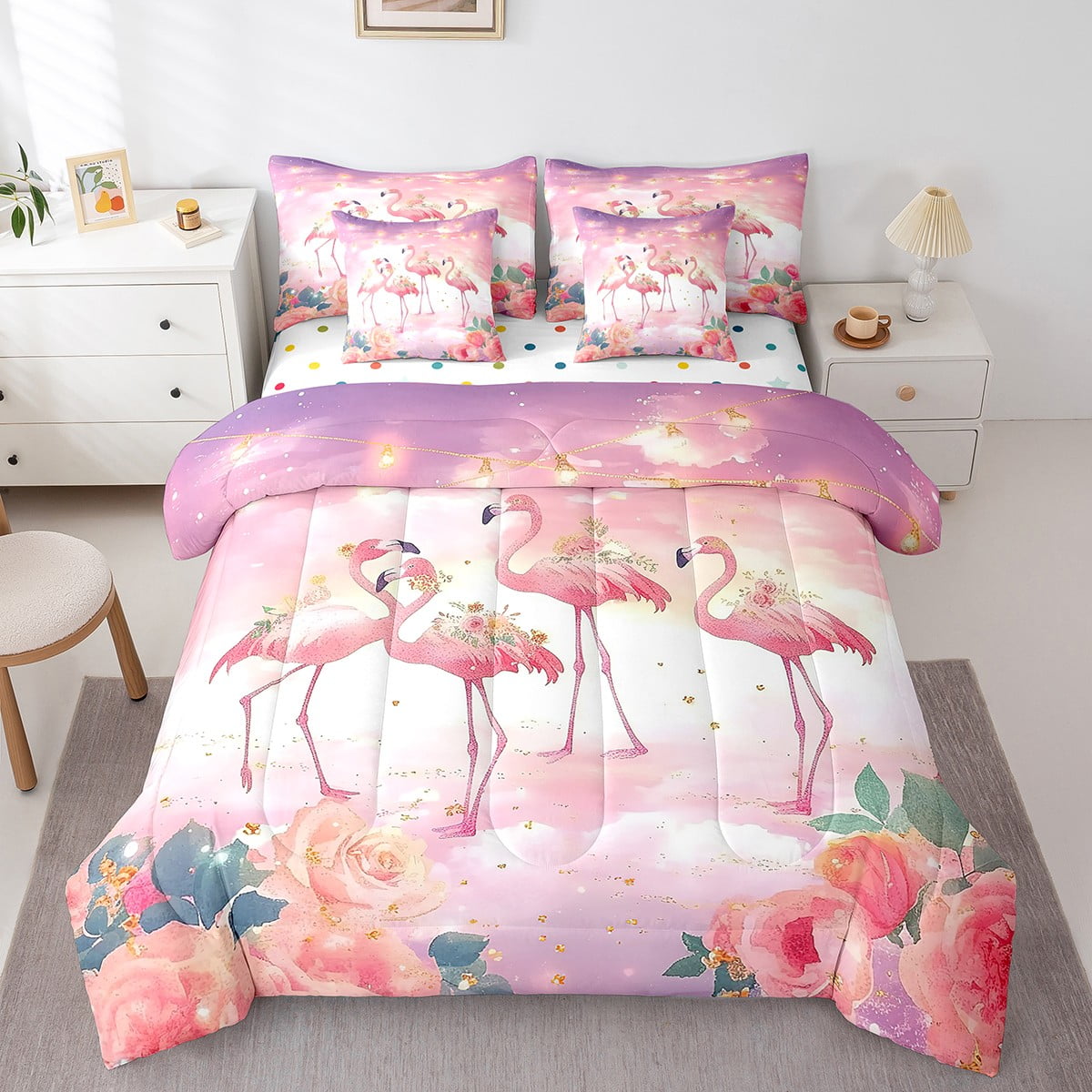 Erosebridal Romantic Flamingo Bed in a Bag Twin size, Pink Rose Flower ...