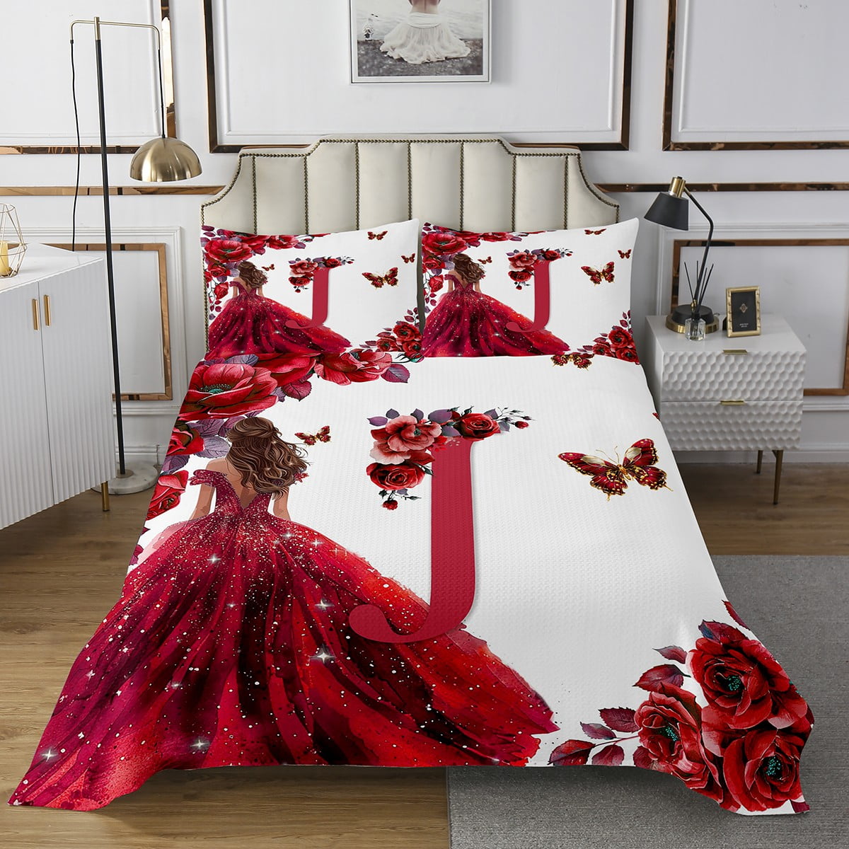 Erosebridal Romantic Rose Bedspread Sets Queen Size, Initial Letter J ...