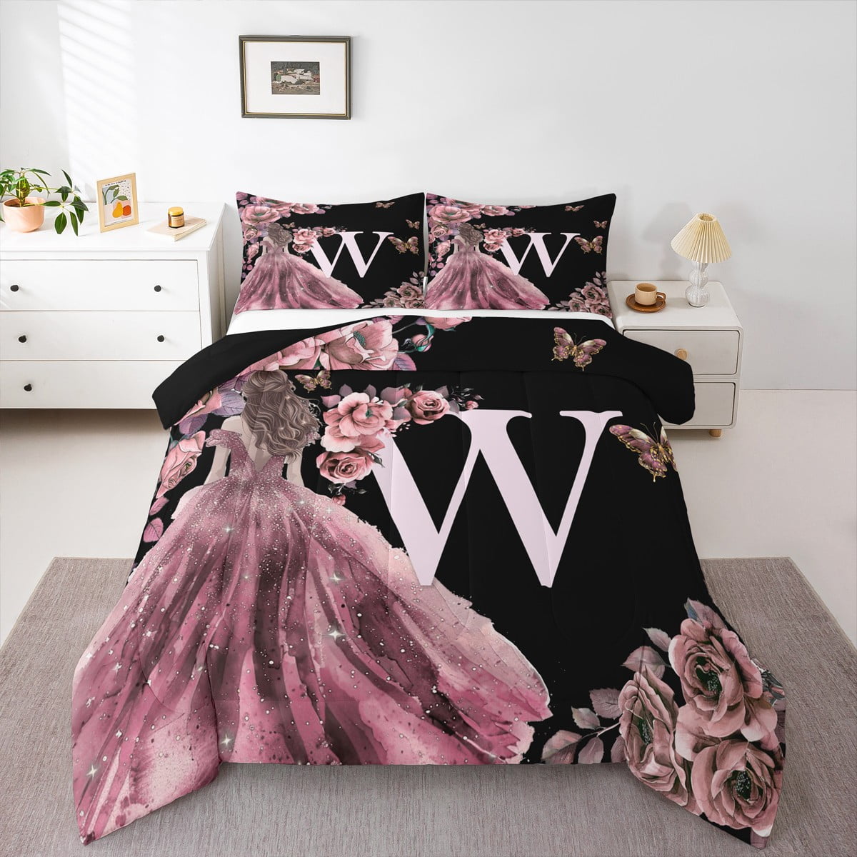 Erosebridal Romantic Rose Comforter Sets Full Size, Initial Letter W ...