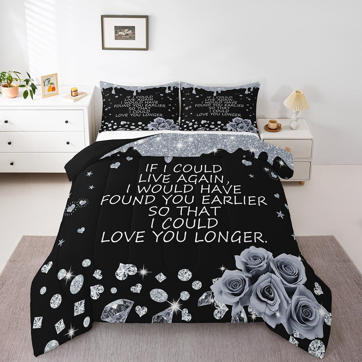 Erosebridal Romantic Rose Floral Bedding Queen Comforter Set, Grey ...