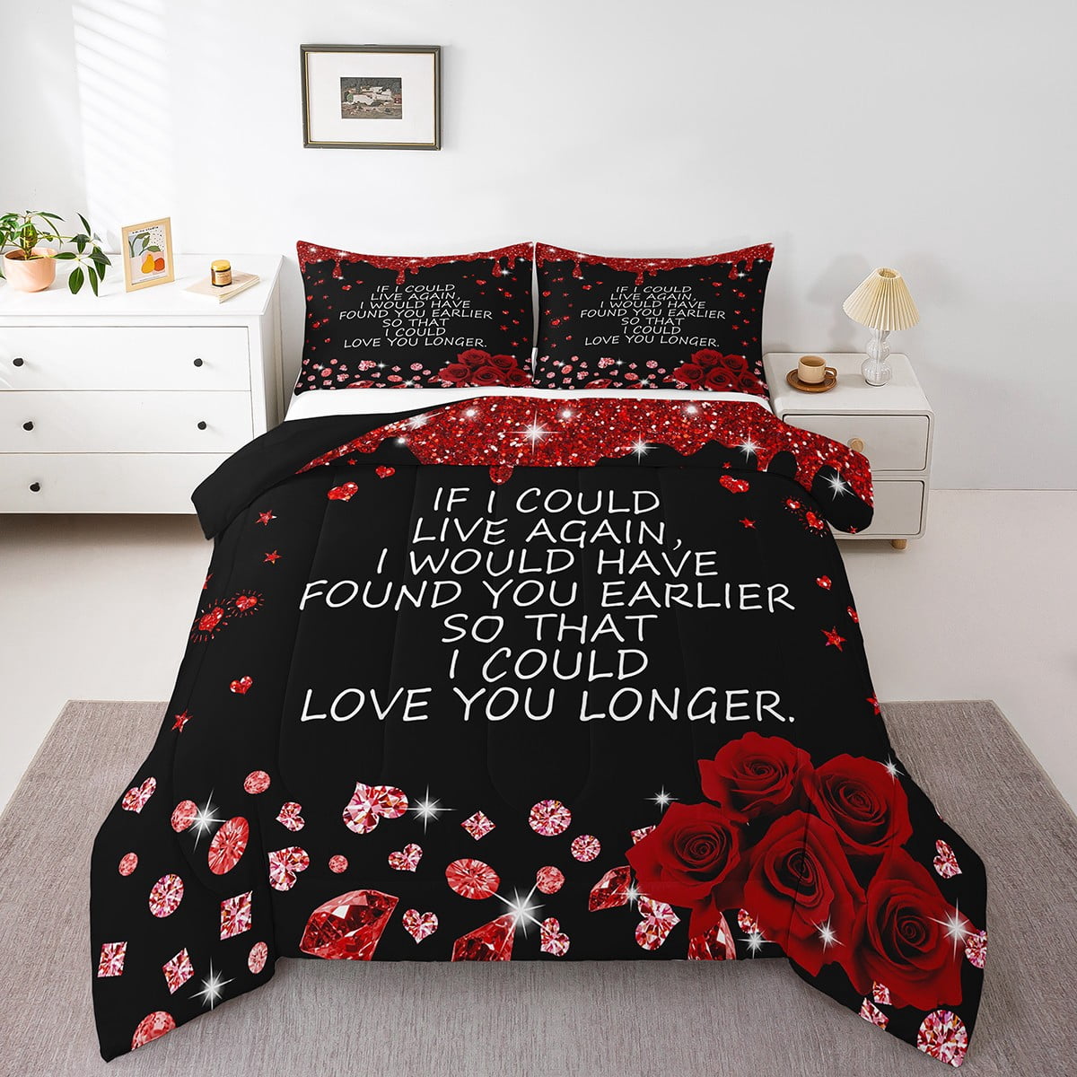 Erosebridal Romantic Rose Floral Comforter Sets King Size, Red Sequin ...