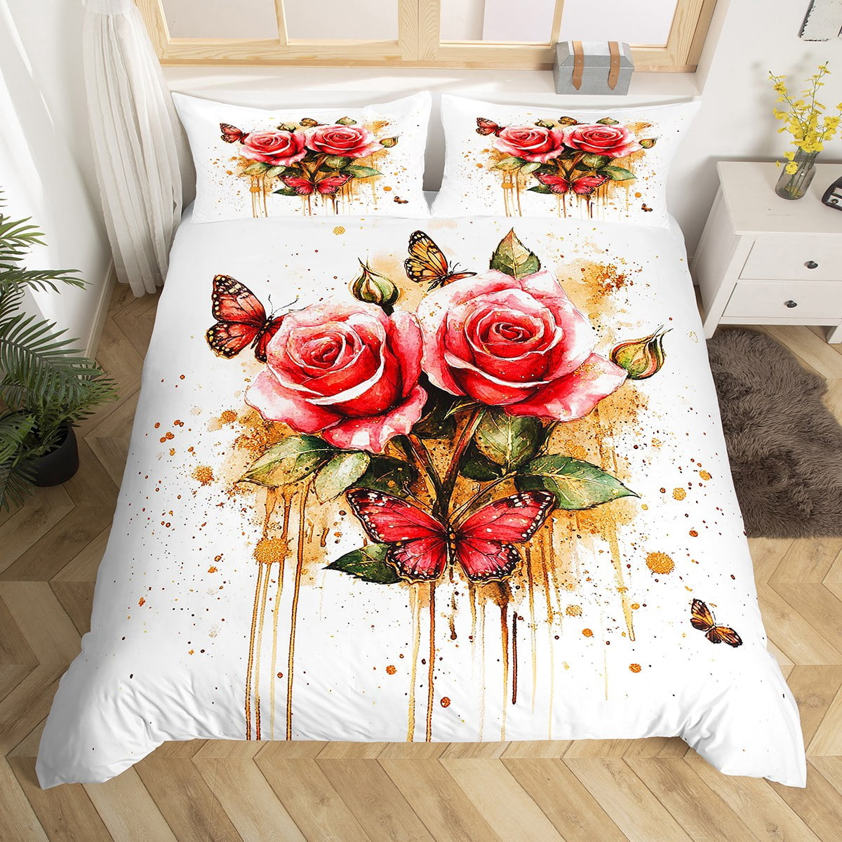 Erosebridal Romantic Rose Full Bedding Set,Red Florals Butterflies ...