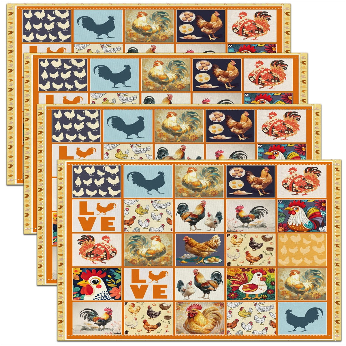 Erosebridal Rooster Chicken Place Mats Set of 4 for in Door Dinning ...