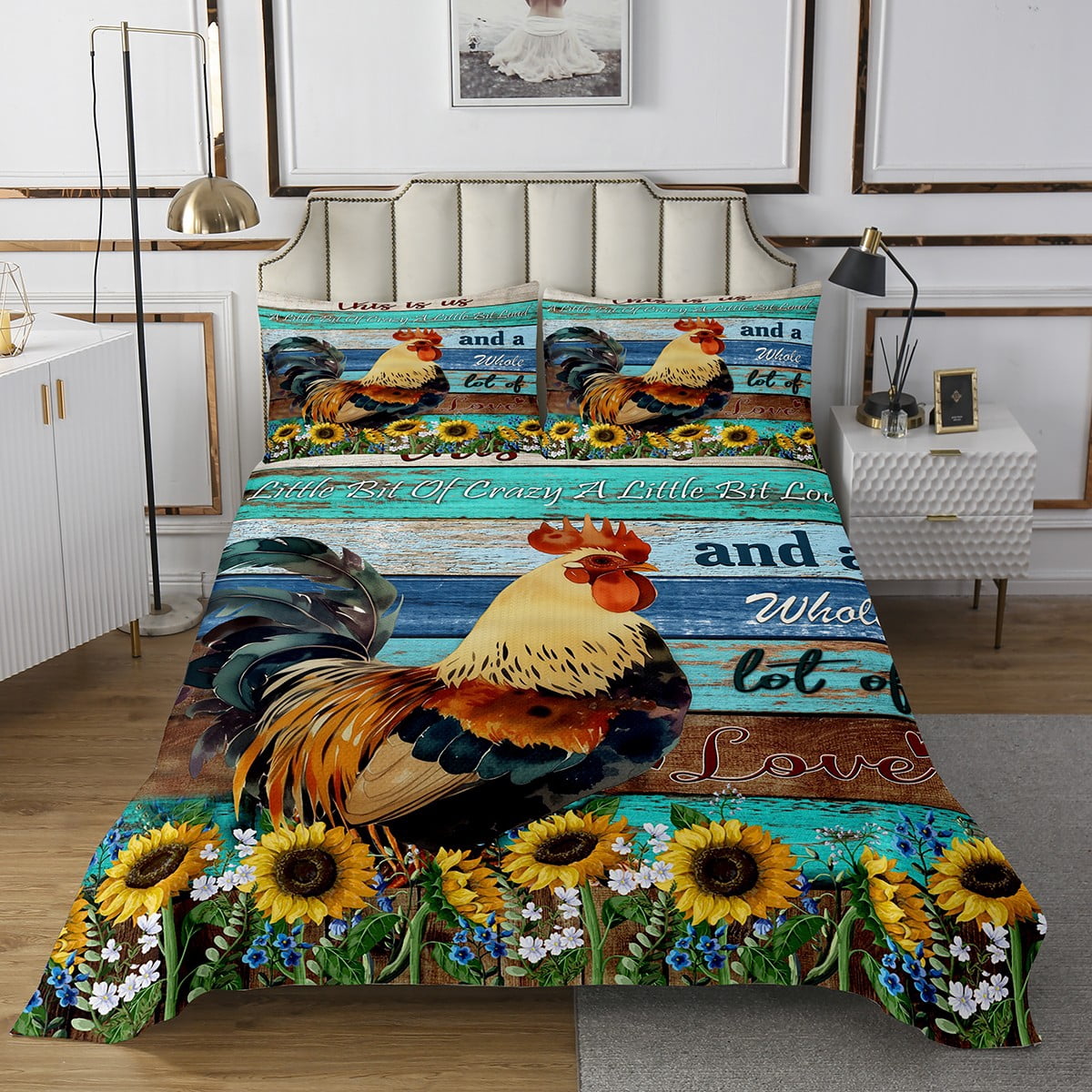 Erosebridal Rooster Print Quilt Sets for Queen Size Bed, Botanical ...