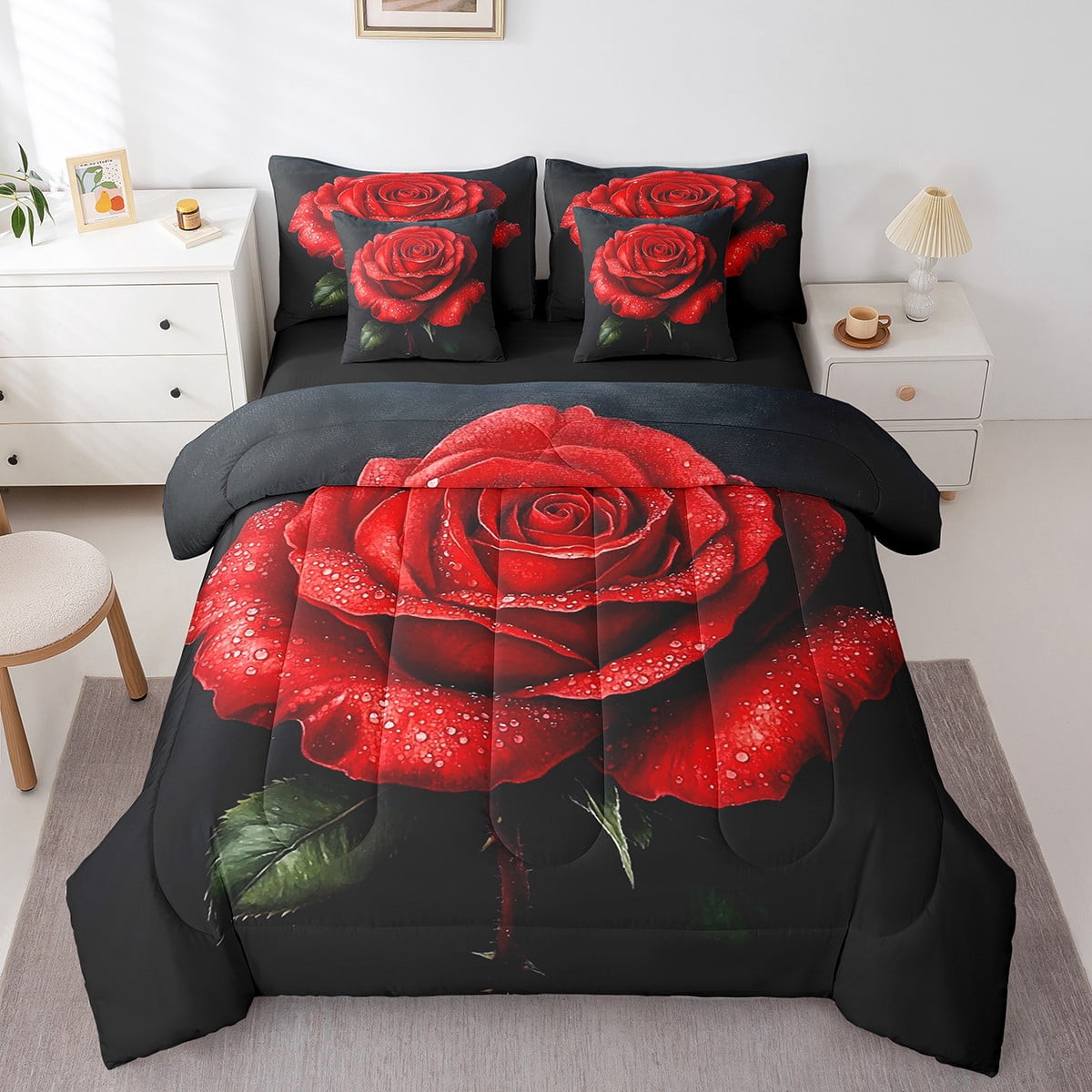 Erosebridal Rose 7 Piece Bedding Set Queen Size Red Flower Comforter ...