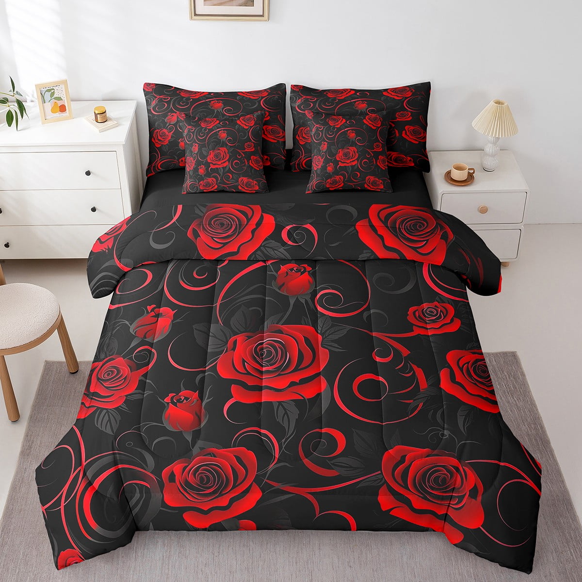 Erosebridal Rose Floral 7 Piece Bedding Set King Size Romantic Red ...