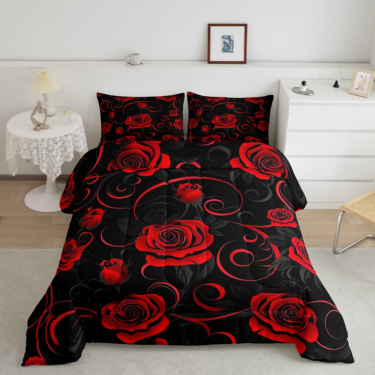Erosebridal Rose Floral Bedding Set Twin Size, Romantic Red Flowers ...