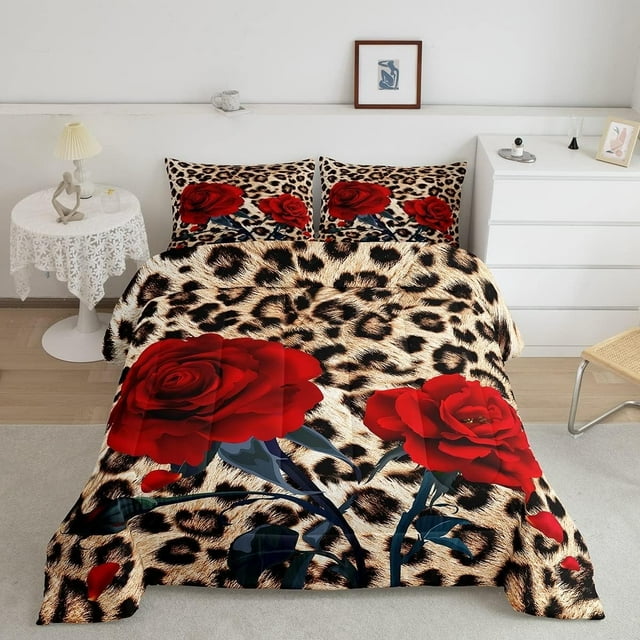 Erosebridal Rose Flower Comforter Set Women, Leopard Print Down ...