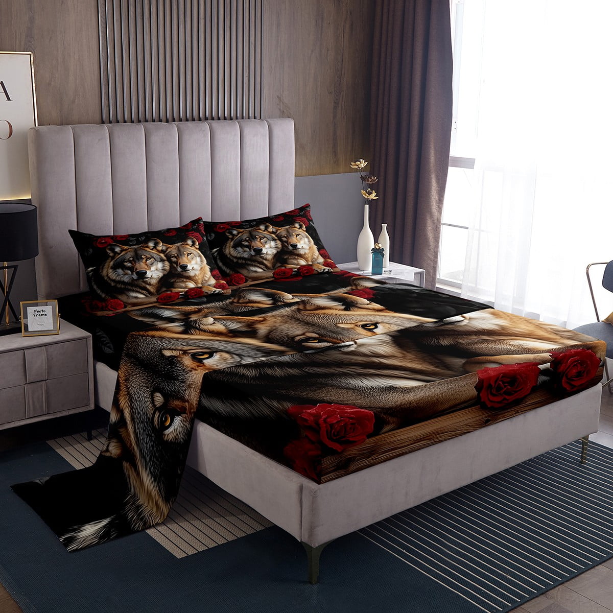Erosebridal Rose Wolves Bedding Set Red Rose Floral Sheets 3D Animal ...