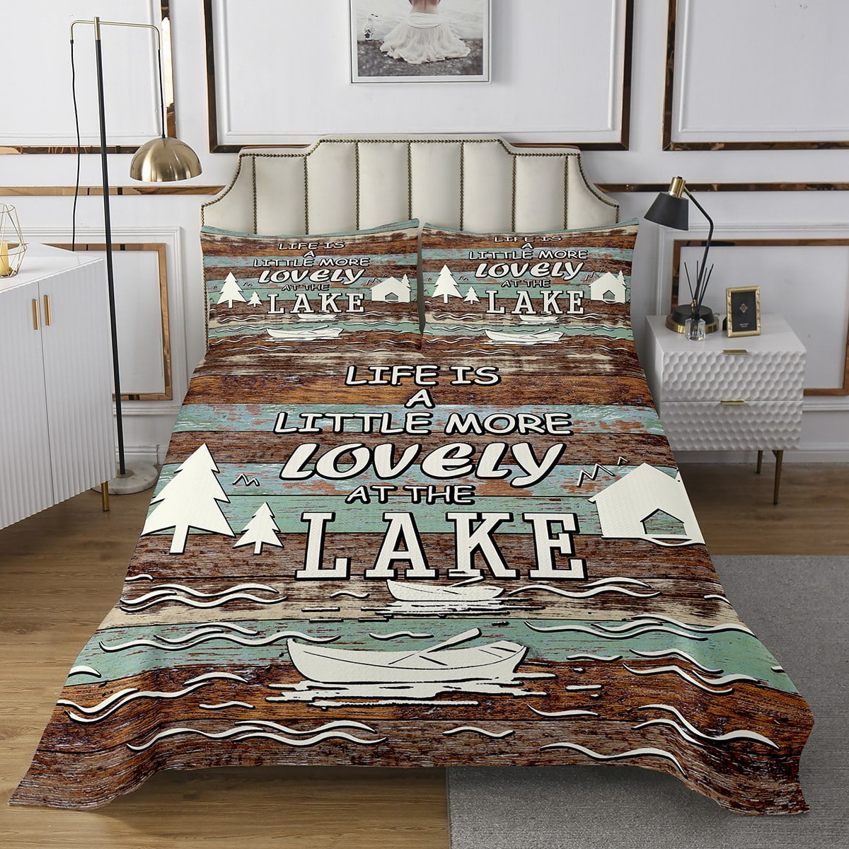 Erosebridal Rustic Cabin Coverlet Set Queen, Wooden Plank Bedding Set, Boat Room Decor 3 Pieces ...