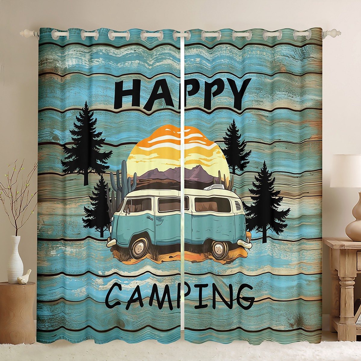 Erosebridal Rustic Camper 38"Wx54"L Window Treatments,Happy Camping Window Curtain Vintage Barn ...