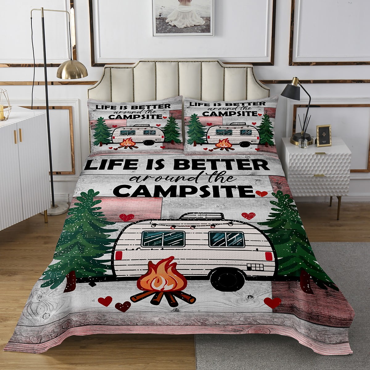 Erosebridal Rustic Camper Quilt Set,Queen Happy Camping Coverlet Set RV ...