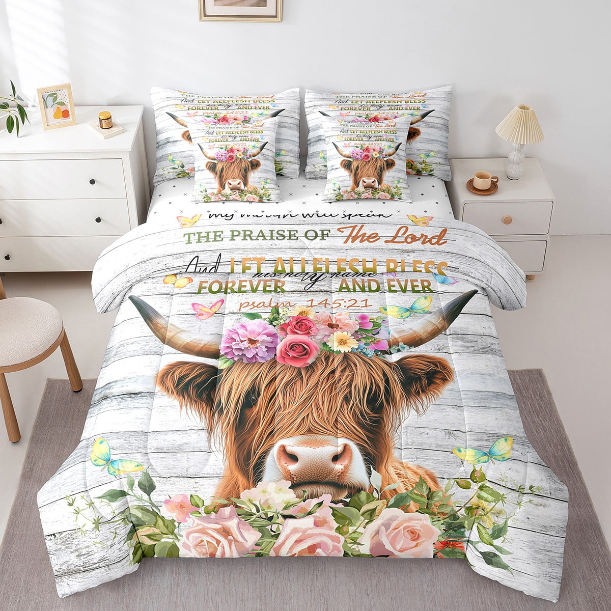 Erosebridal Rustic Cow Bedding Queen Size, Wooden Plank Bed Set, Rose Flower Bedding Sets Queen ...