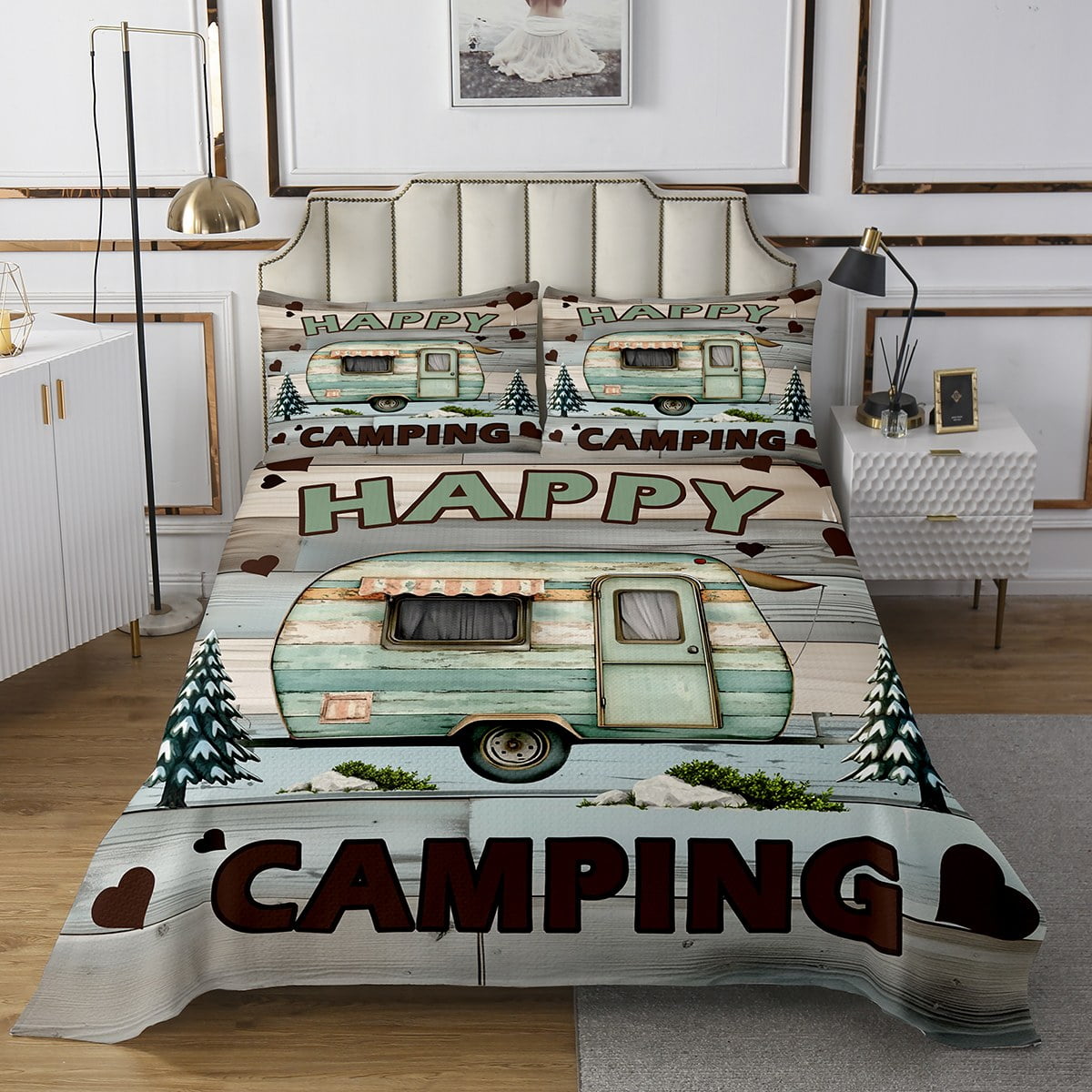 Erosebridal Rustic Farmhouse Camper Bedspread Set Happy Camping Quilt ...