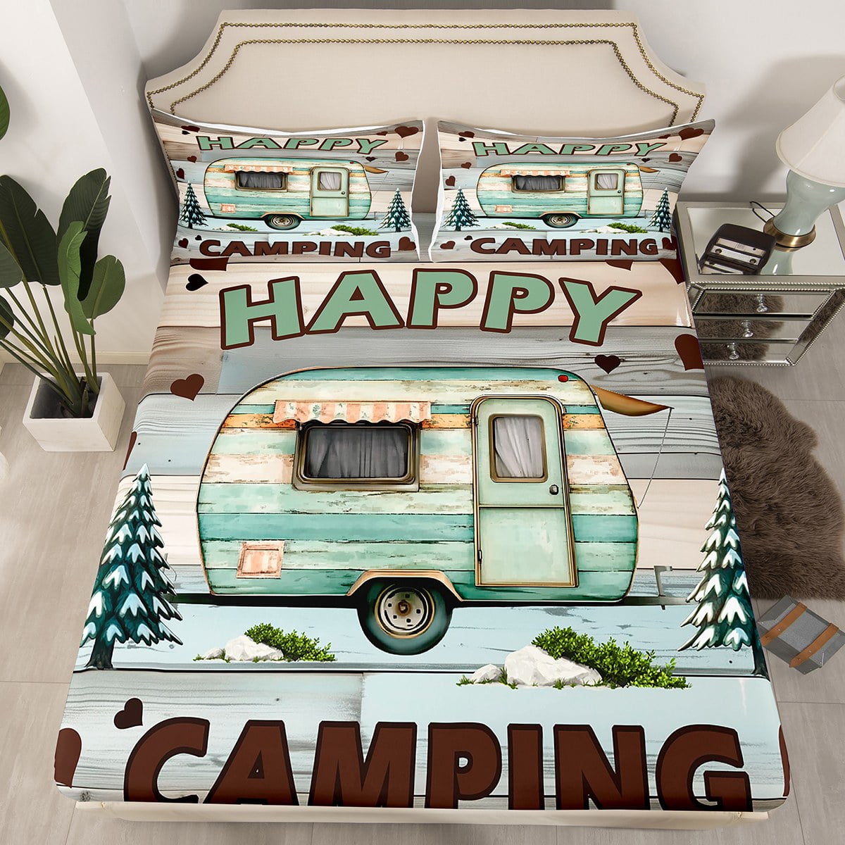 Erosebridal Rustic Farmhouse Camper Fitted Sheet Happy Camping Bedding ...