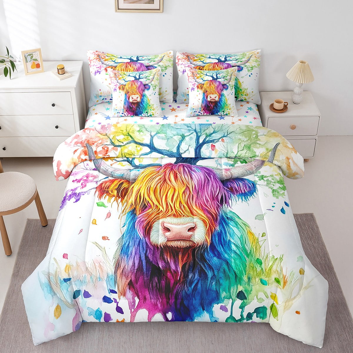 Erosebridal Rustic Highland Cow Bedding Sets King Size, Watercolor Comforter Sets with Sheets ...