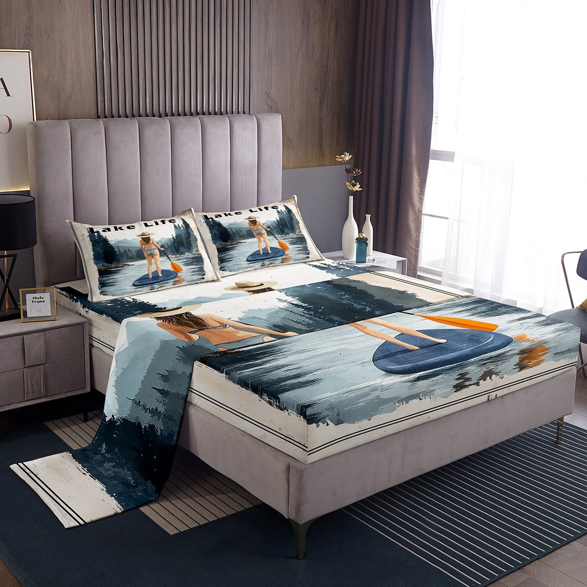Erosebridal Rustic Lake House Queen Sheet Sets, Lake Life Print Bedding ...