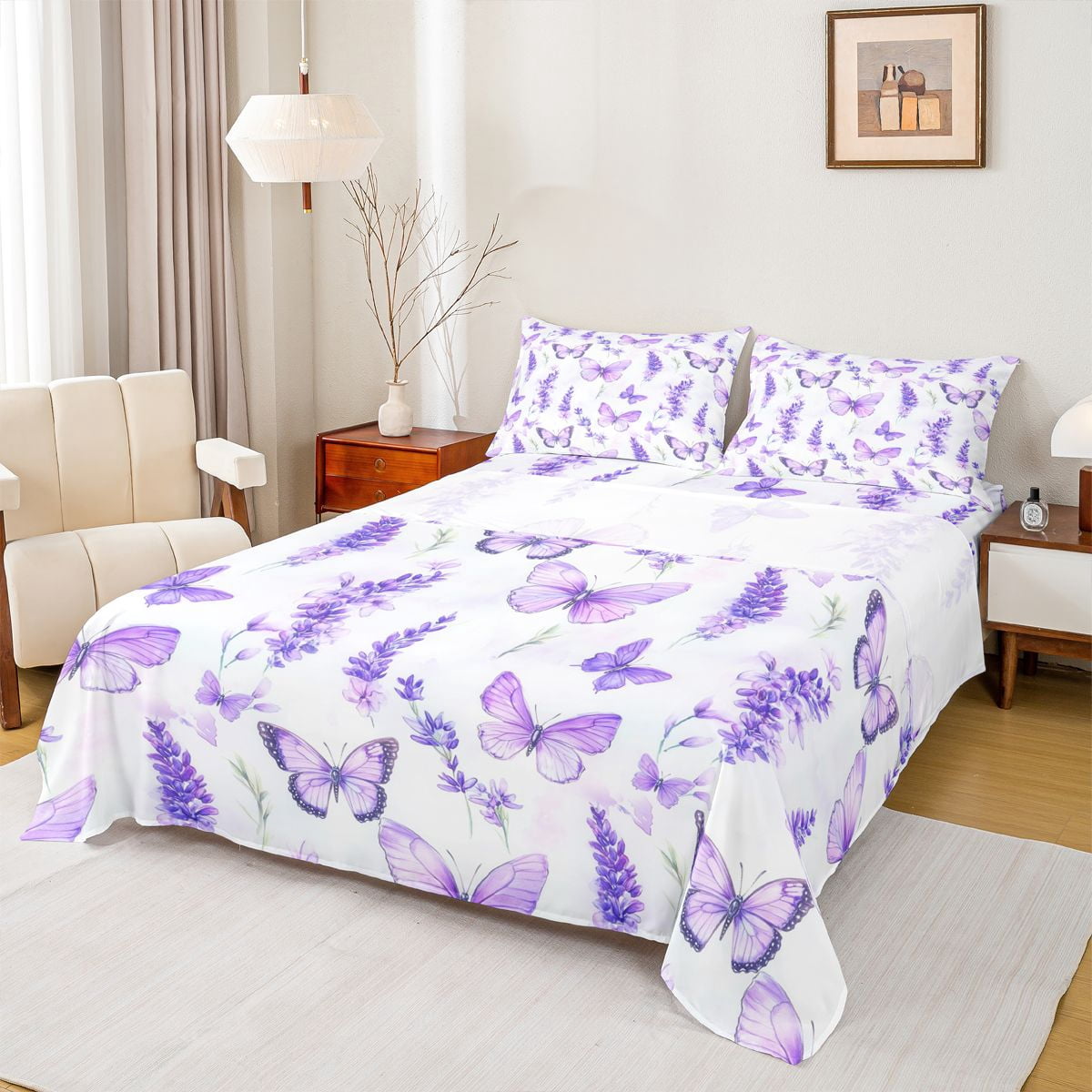 Erosebridal Rustic Plant Lavender Bed Sheets,Wild Animal Butterfly King ...