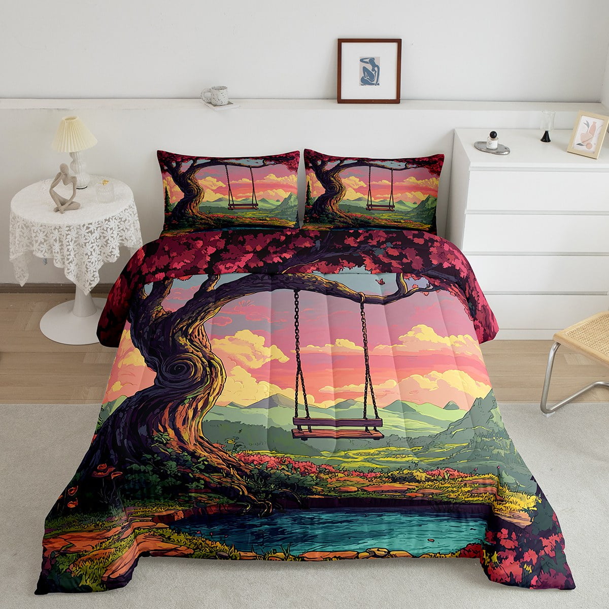 Erosebridal Rustic Tree Lake Bedding Full Comforter Set, Oil Printing ...