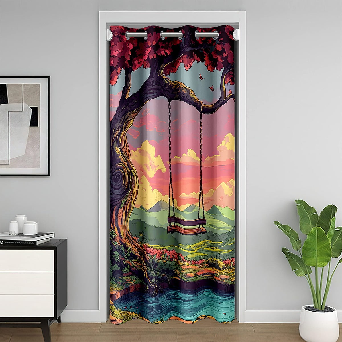 Erosebridal Rustic Tree Lake Door Curtain Panel 52x80, Oil Printing ...