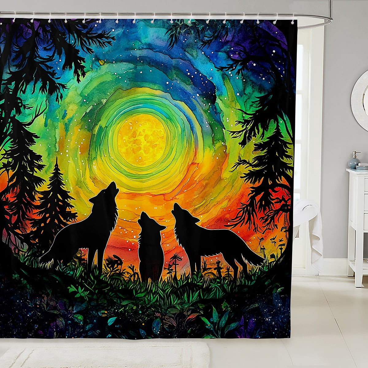 Erosebridal Rustic Wolf Shower Curtain 72x78, Swirl Starry Sky Bathroom ...