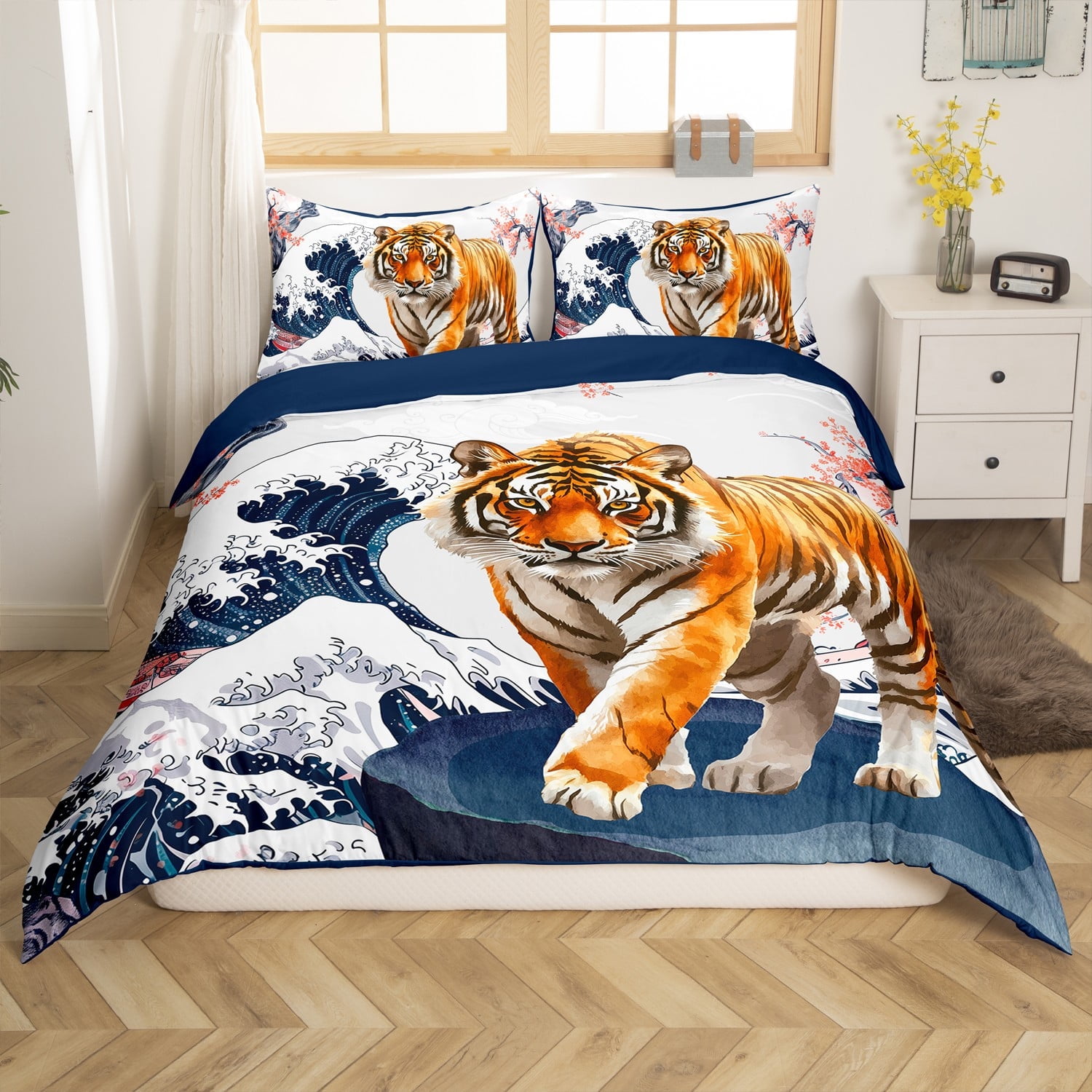Erosebridal Safari Tiger Bedding Twin Size Japanese Ocean Wave Duvet Cover , Chic Cherry ...
