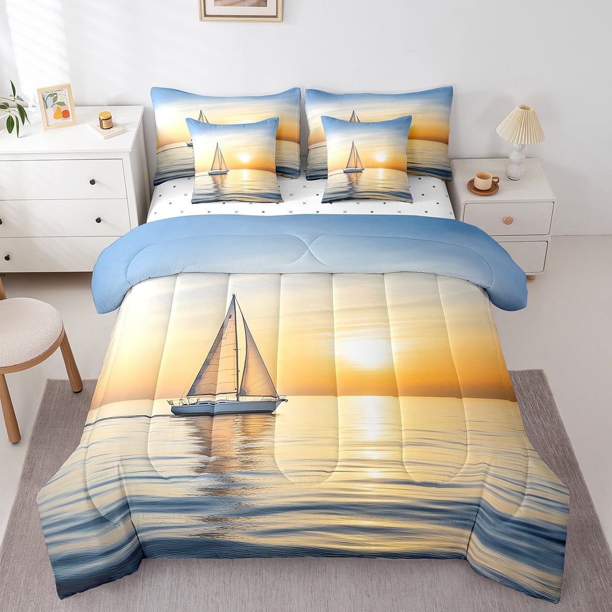 Erosebridal Sailboat Comforter Set Full 7 Pcs Nautical Themed Ocean Sea ...
