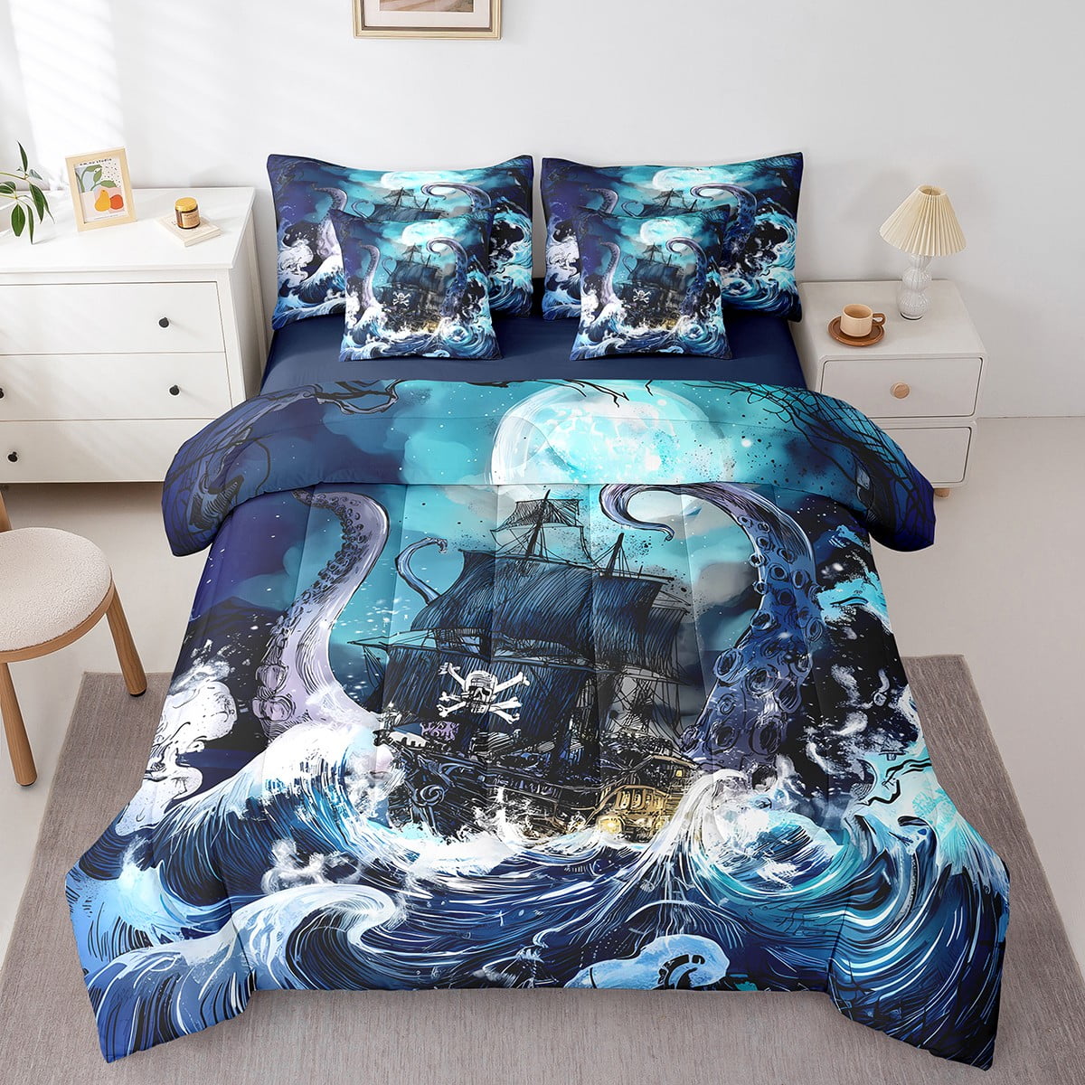 Erosebridal Sailing Ship Bed in a Bag Queen Size,Ocean Wave Octopus Bed ...