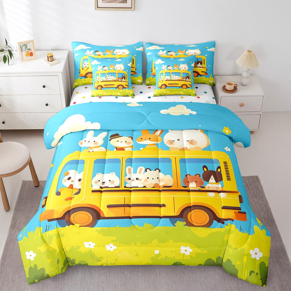 Erosebridal School Bus Bedding King Size, Cute Animals Comforter Sets ...