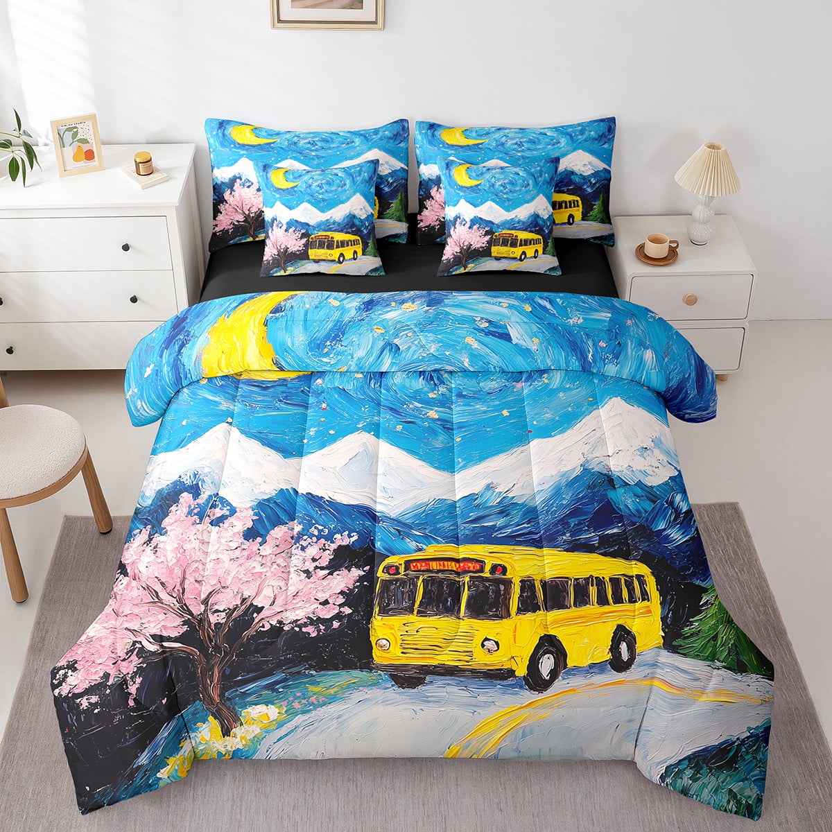 Erosebridal School Bus Bedding Sets Full Size, Oil Painting Comforter ...