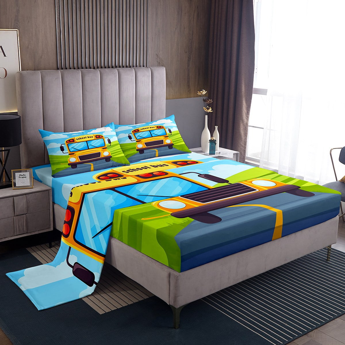 Erosebridal School Bus Print Bed Sheets Set Full Size, Countryside Road ...