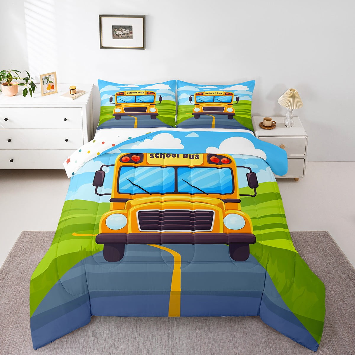 Erosebridal School Bus Print Bedding Queen Comforter Set, Countryside ...