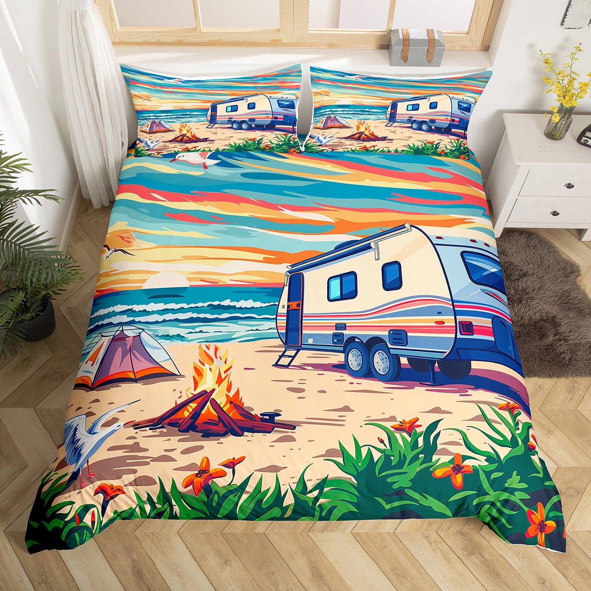 Erosebridal Sea Beach Camping Comforter Cover Twin,Camp Camper Bedding ...