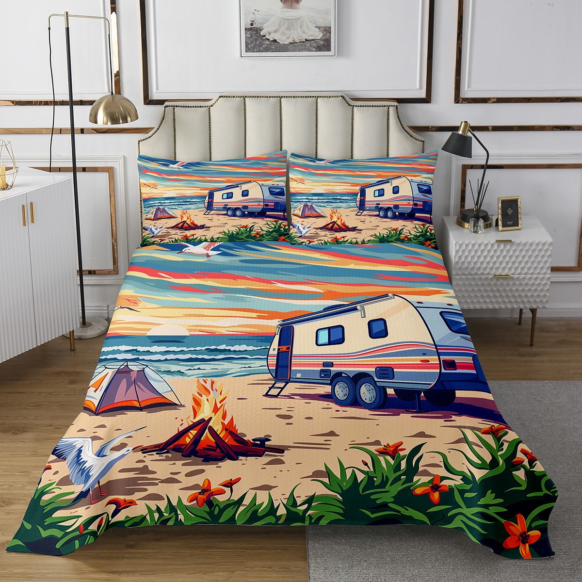 Erosebridal Sea Beach Camping Quilt Sets for Queen Size Bed,Camp Camper ...