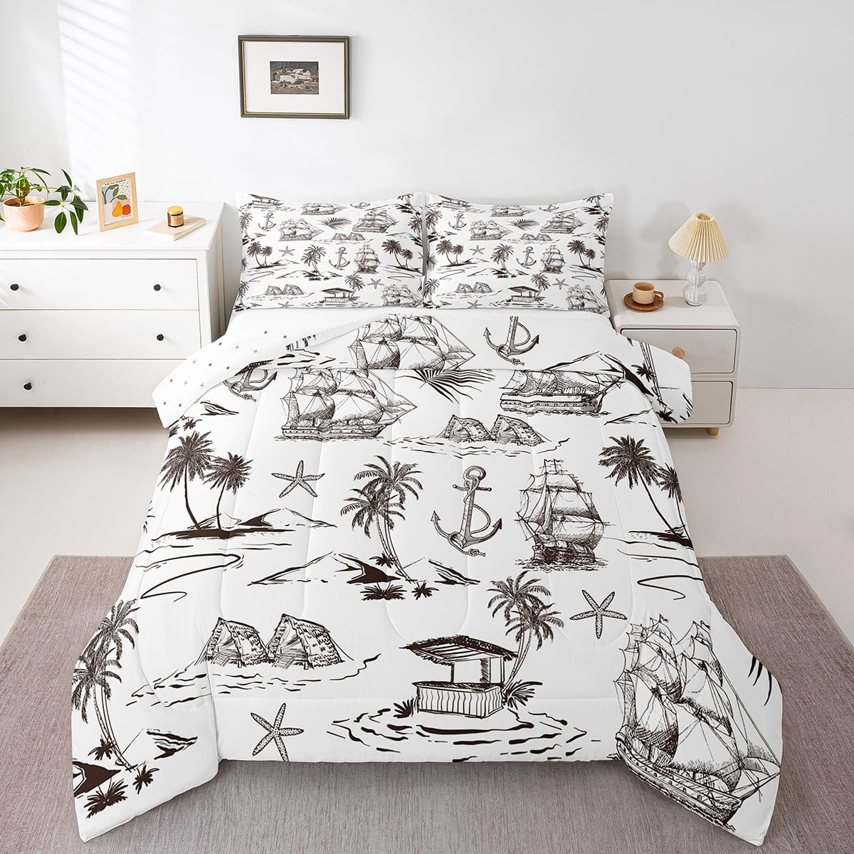 Erosebridal Sea Boat Comforter Sets Queen Size,Anchor Palm Tree Bedding ...