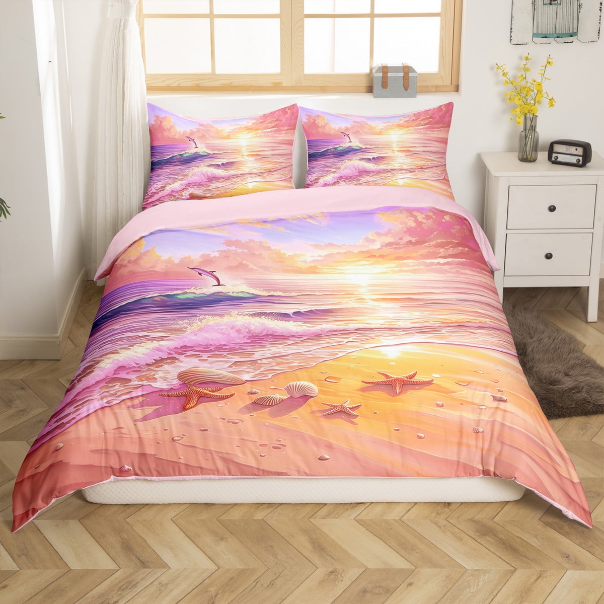 Erosebridal Sea Dolphin Comforter Cover Queen,Starfish Seashell Bedding ...