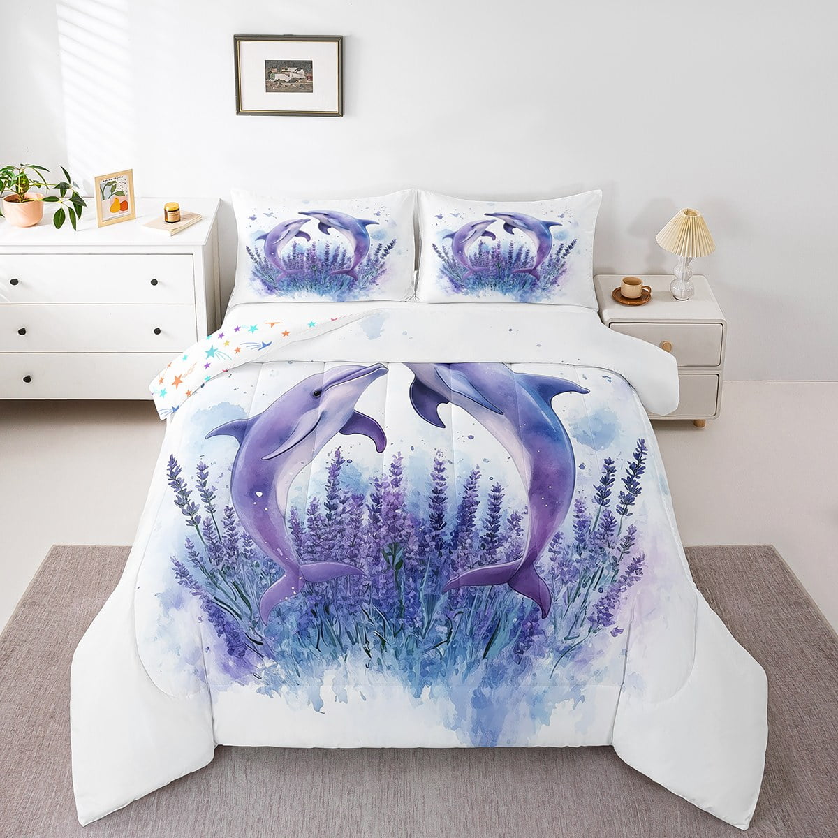 Erosebridal Sea Dolphin Comforter Sets King Size, Watercolor Lavender ...
