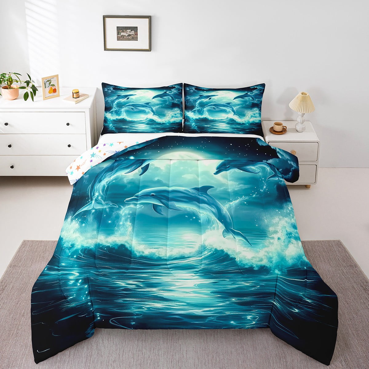 Erosebridal Sea Dolphin Comforter Sets Queen Size,Dreamy Ocean Wildlife ...