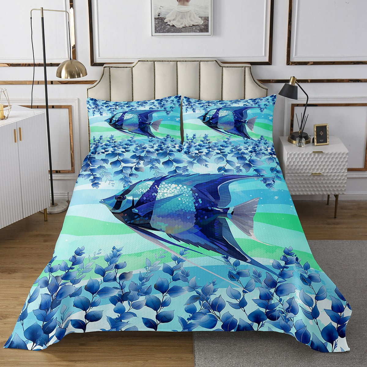 Erosebridal Sea Fish Bedspread Sets Twin Size, Blue Bed Quilt, Ocean ...