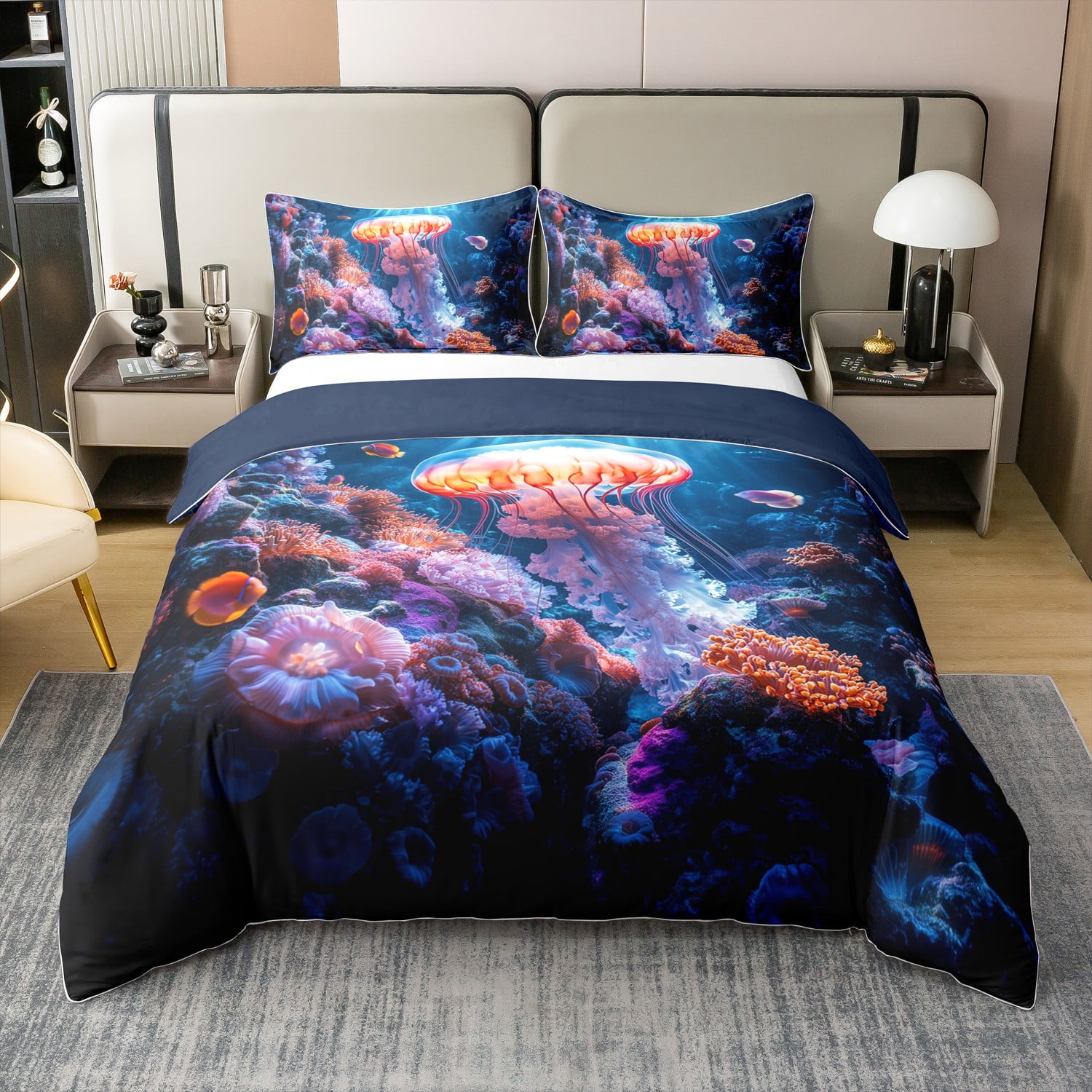 Erosebridal Sea Jellyfish 100% Cotton Duvet Cover Queen Size,Marine Wildlife Bedding Sets Queen ...