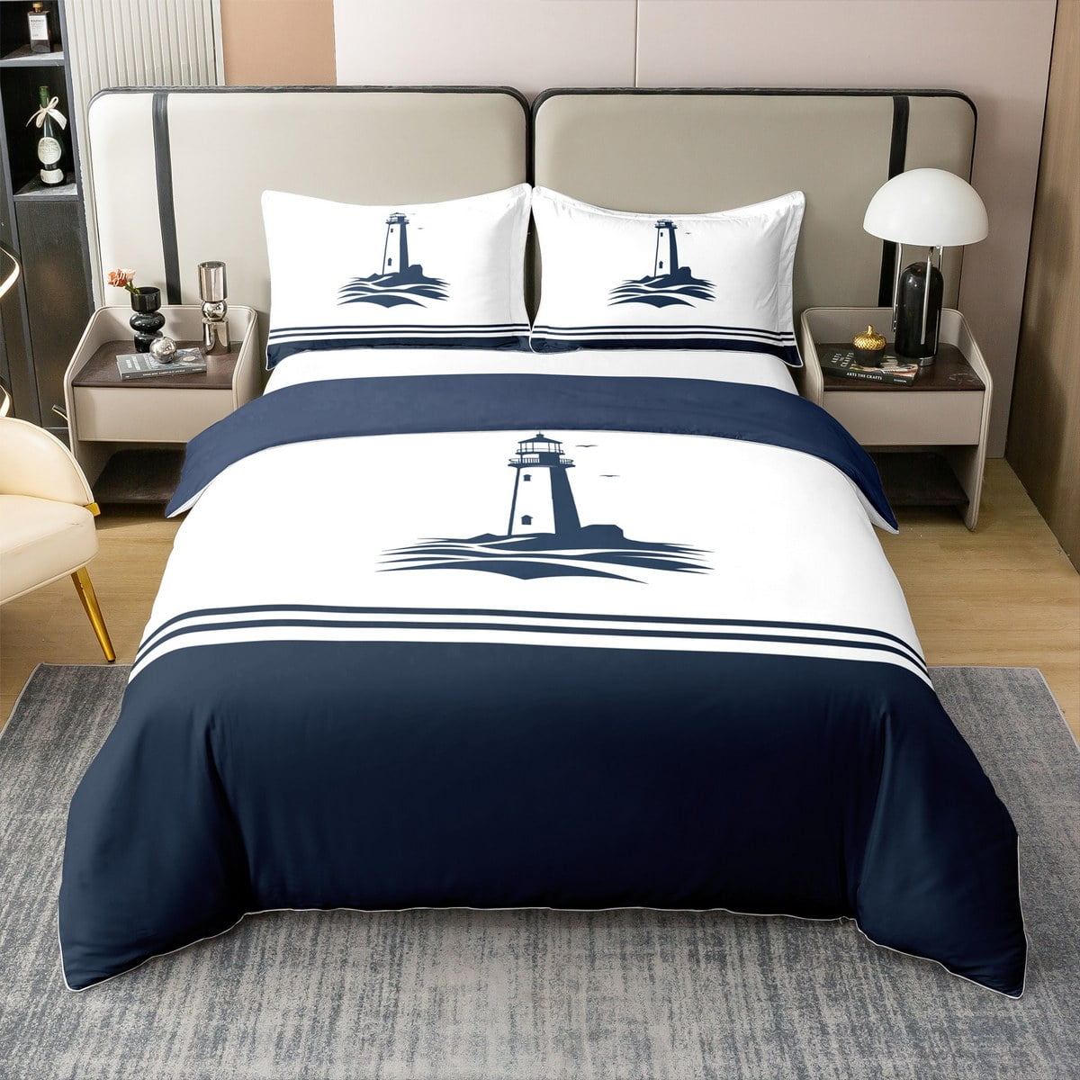 Erosebridal Sea Lighthouse 100% Cotton Duvet Cover Queen Size, Navy Blue Bedding Sets Queen Size ...