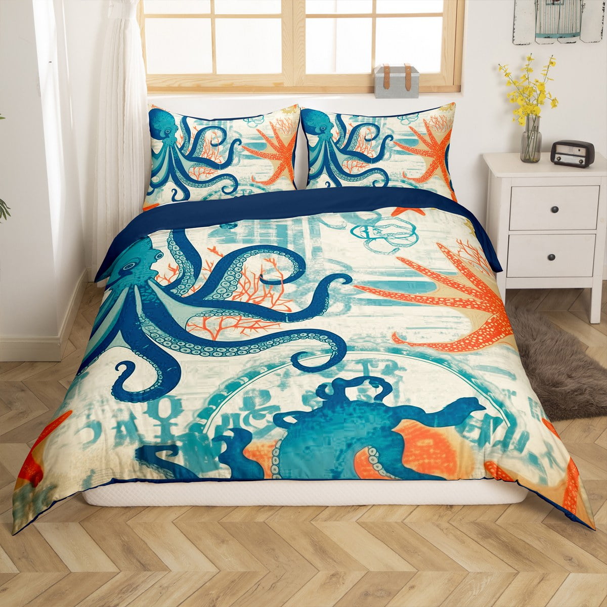 Erosebridal Sea Octopus Comforter Cover Full, Coastal Starfish Duvet ...
