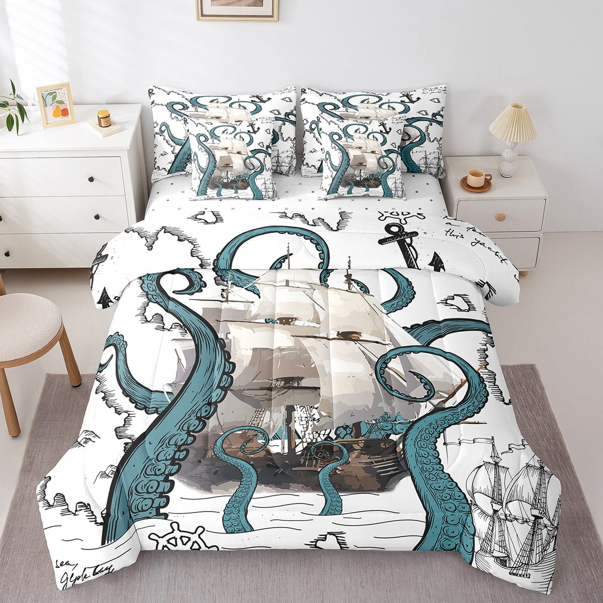 Erosebridal Sea Sailboat Bed in a Bag Queen size, Cartoon Octopus Bed ...
