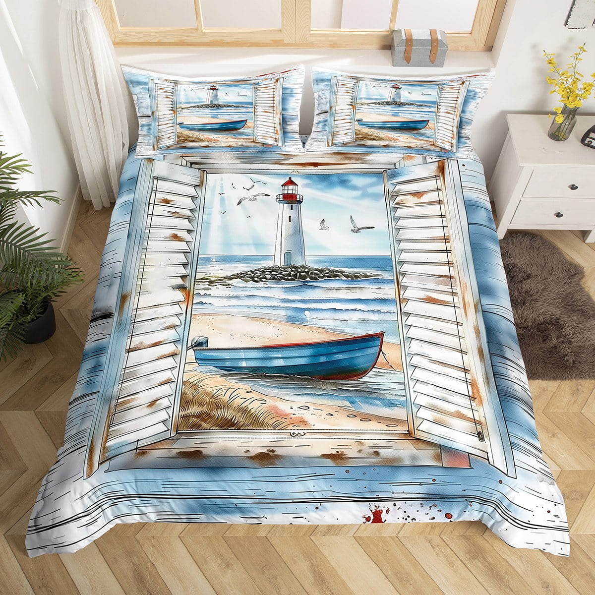 Erosebridal Sea Sailboat Duvet Cover Twin,Lighthouse Seagull Bedding ...