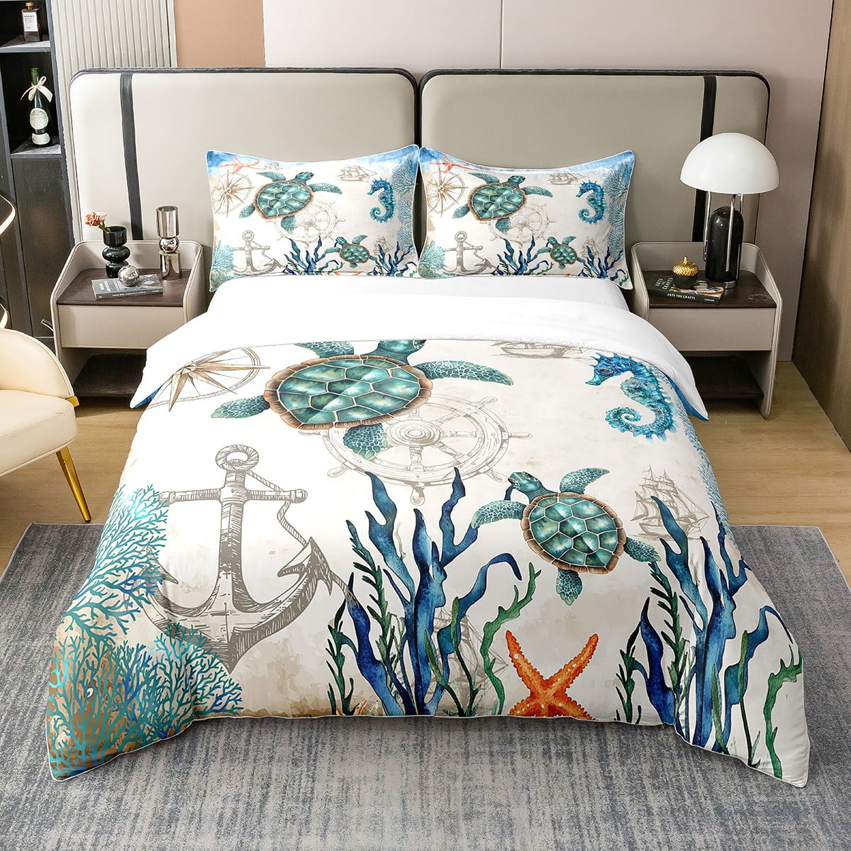 Erosebridal Sea Turtle 100% Cotton Duvet Cover Queen Size, Vintage Ocean Anchor Bedding Sets ...
