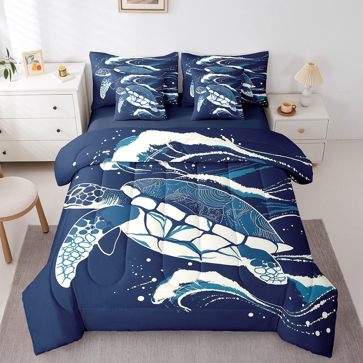 Erosebridal Sea Turtle Bed in a Bag Full size,Blue White Bed Set,Marine ...