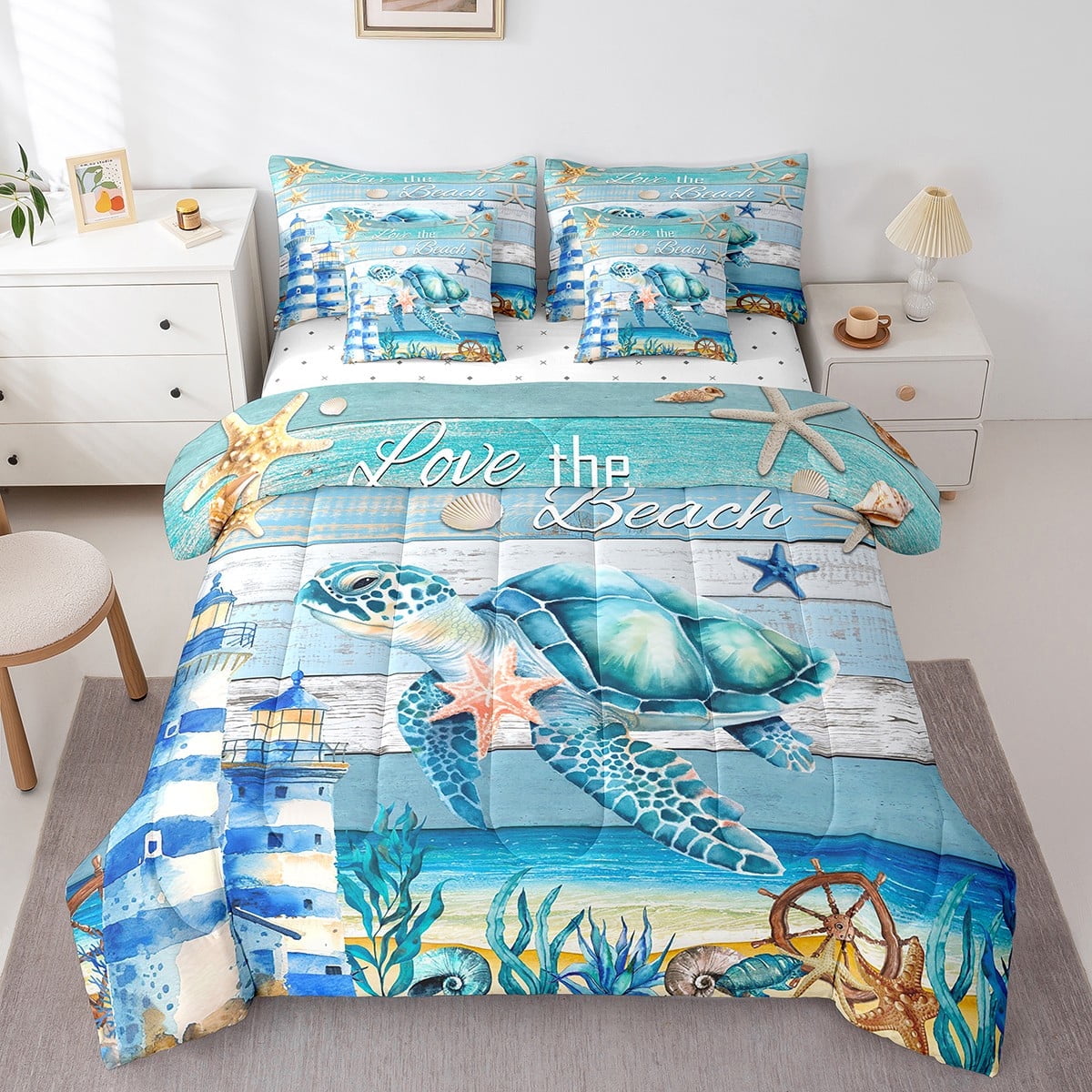 Erosebridal Sea Turtle Comforter Set 7 Piece,Summer Ocean Beach Bed in ...