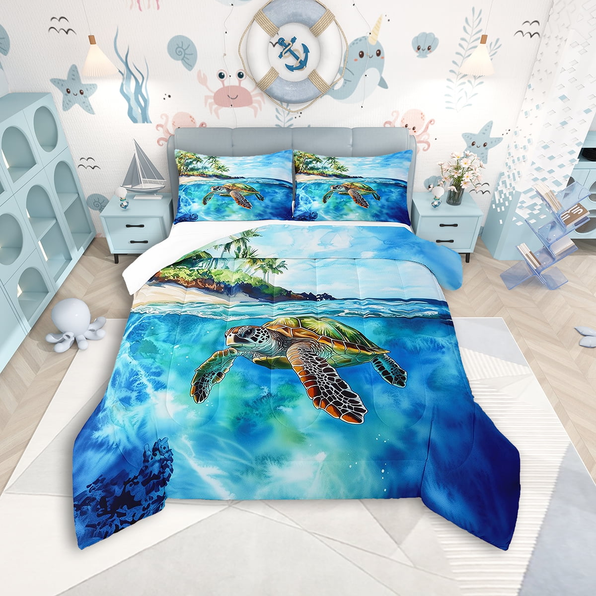 Erosebridal Sea Turtle Comforter Set Full Size Palm Tree Bedding Set ...