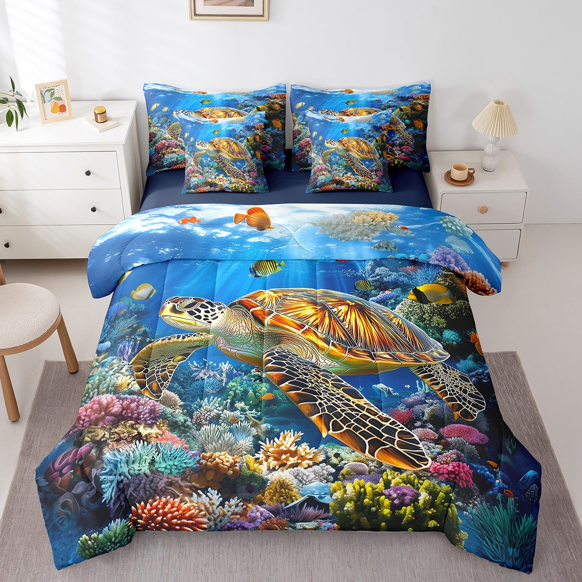 Erosebridal Sea Turtle Comforter Set King 7 Pcs 3D Ocean Reptile Animal ...